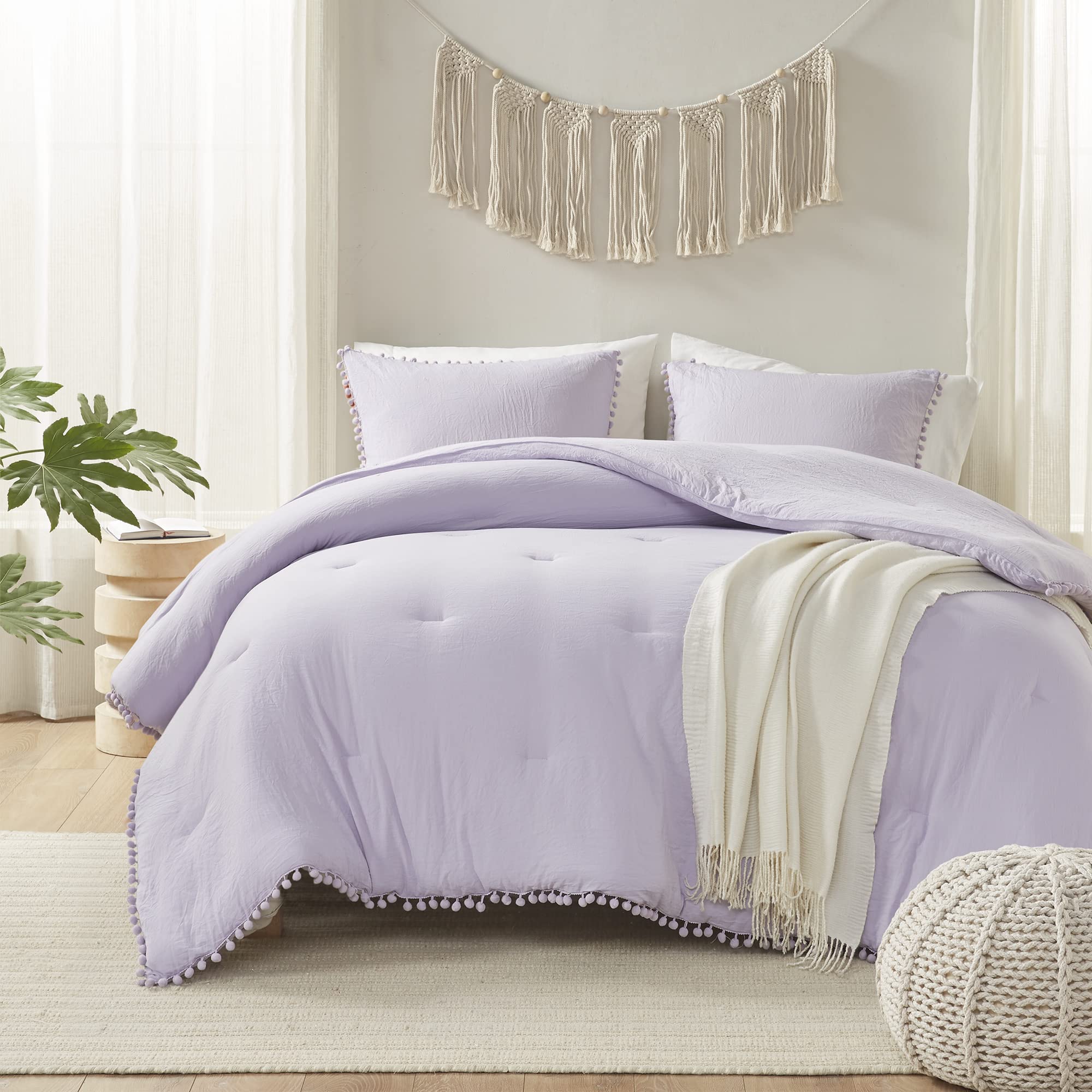 Codi Lavender Purple Boho Full/Queen Comforter Set, Aesthetic Pom Fringe Bedding for Teen Girls, Cute Soft Washed Microfiber Bed Sets, Lightweight 3pcs,1 Comforter & 2 Pillowcases (90x90 Inches)