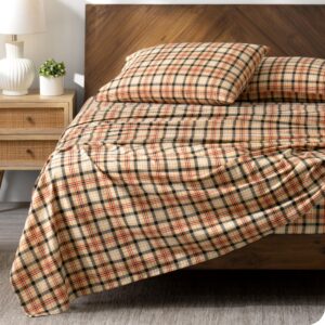 bare home flannel sheet set prints, 100% cotton, velvety soft heavyweight - double brushed flannel - deep pocket (king, red lodge plaid)