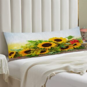 airmark sunflowers body pillow cover,sunflowers with green leaves printed long pillow cases protector with zipper decor soft large covers cushion for beding,couch,sofa,home gift 20"x54"