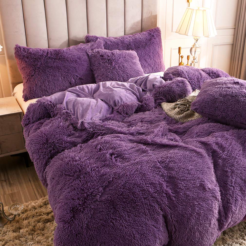 Uhamho Faux Fur Velvet Fluffy Bedding Duvet Cover Set Down Comforter Quilt Cover with Pillow Shams, Ultra Soft Warm (Queen, Purple)