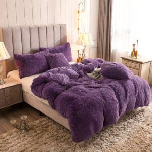 Uhamho Faux Fur Velvet Fluffy Bedding Duvet Cover Set Down Comforter Quilt Cover with Pillow Shams, Ultra Soft Warm (Queen, Purple)