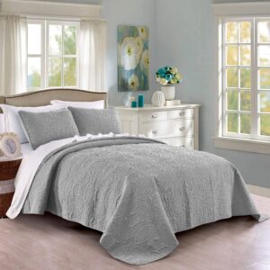 quilt set full/queen size light grey - oversized bedspread - soft microfiber lightweight coverlet for all season - 3 piece includes 1 quilt and 2 shams, geometric pattern