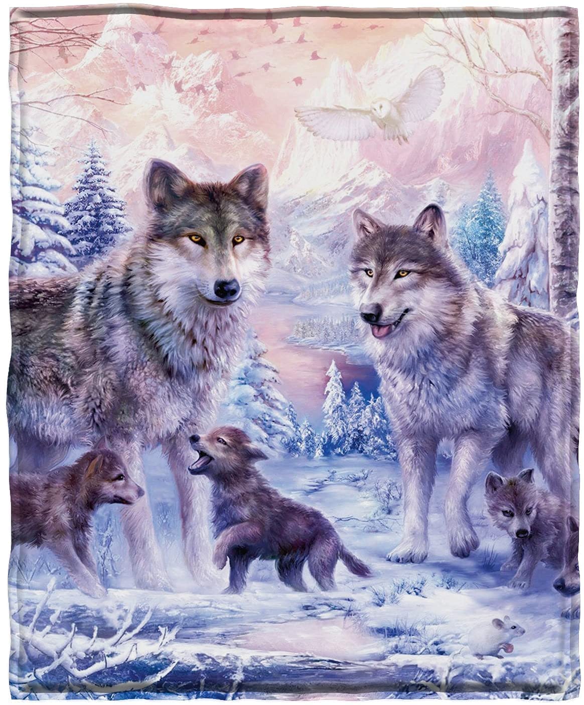 KYKU Pink Wolf Blankets and Throws - Fleece Wolves Blanket Snow Decorative Animal for Adults and Kids Family Love Design Pretty Art Gift Home Decorative Living Room Sofa Hug Plush Soft Beding Nap Cozy