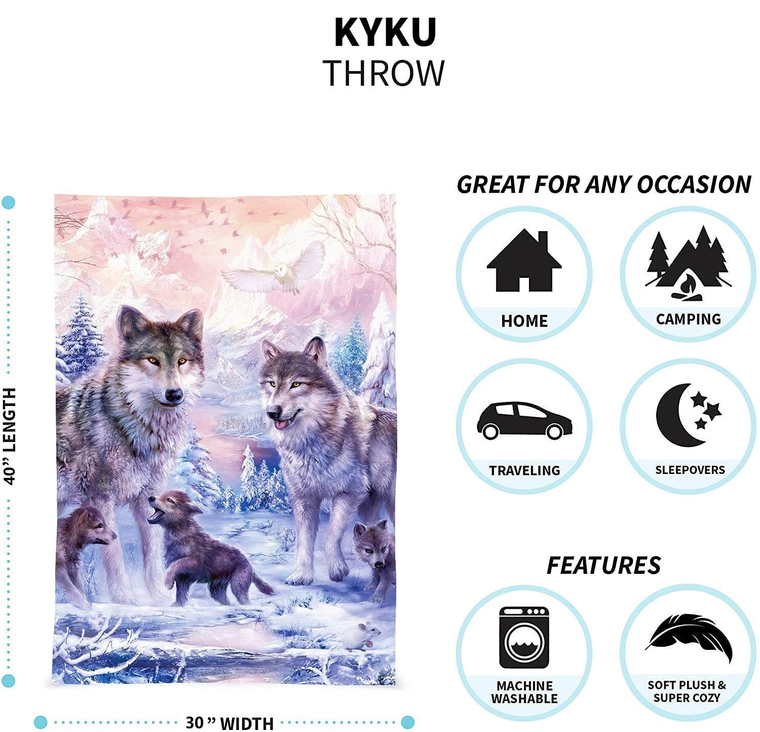 KYKU Pink Wolf Blankets and Throws - Fleece Wolves Blanket Snow Decorative Animal for Adults and Kids Family Love Design Pretty Art Gift Home Decorative Living Room Sofa Hug Plush Soft Beding Nap Cozy