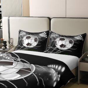 Boys Football Print Cotton Duvet Cover Set Full Size Sports Theme Beding Set for Kids Teens Bedroom Decor Cool Modern Black White Soccer Design Comforter Cover Ball Game Competition Bedspread Cover