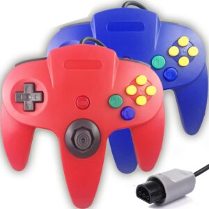 tevodo n64 controller, upgraded joystick classic wired controller compatible with n64 console(blue and red)