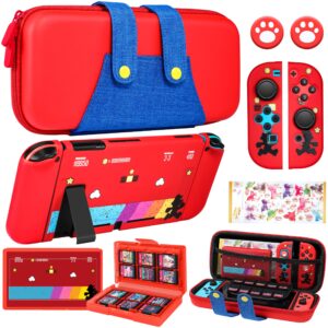 gurgitat 8in1 maro switch case for nintendo switch carrying cases & storage accessories bundle kit, thumb grips button caps+game card holder+dockable cover skin+sticker for switch travel pouch bag