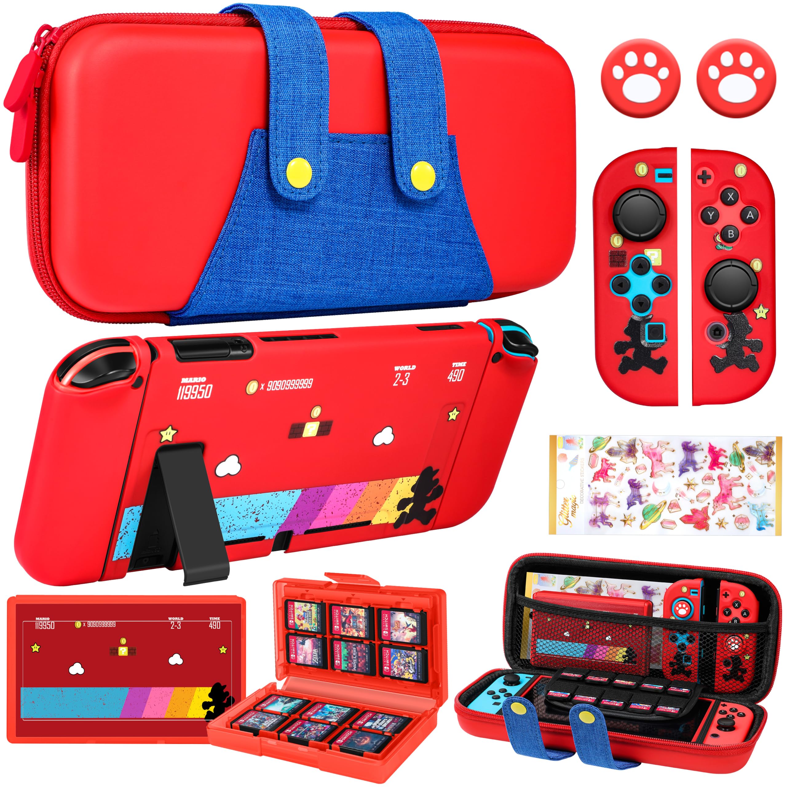 Gurgitat 8in1 Maro Switch Case for Nintendo Switch Carrying Cases & Storage Accessories Bundle Kit, Thumb Grips Button Caps+Game Card Holder+Dockable Cover Skin+Sticker for Switch Travel Pouch Bag