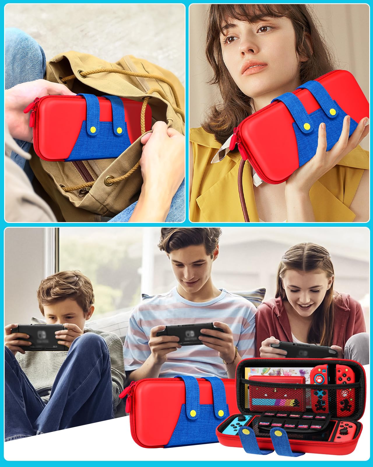 Gurgitat 8in1 Maro Switch Case for Nintendo Switch Carrying Cases & Storage Accessories Bundle Kit, Thumb Grips Button Caps+Game Card Holder+Dockable Cover Skin+Sticker for Switch Travel Pouch Bag