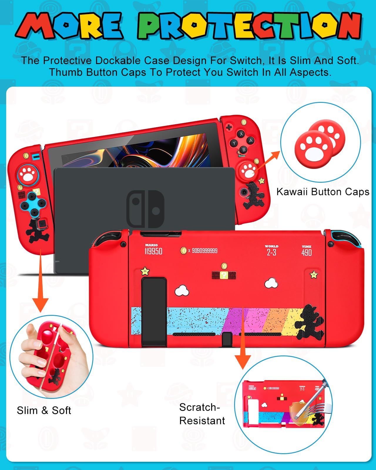 Gurgitat 8in1 Maro Switch Case for Nintendo Switch Carrying Cases & Storage Accessories Bundle Kit, Thumb Grips Button Caps+Game Card Holder+Dockable Cover Skin+Sticker for Switch Travel Pouch Bag