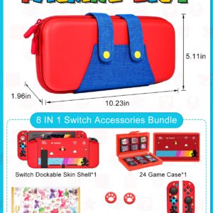 Gurgitat 8in1 Maro Switch Case for Nintendo Switch Carrying Cases & Storage Accessories Bundle Kit, Thumb Grips Button Caps+Game Card Holder+Dockable Cover Skin+Sticker for Switch Travel Pouch Bag