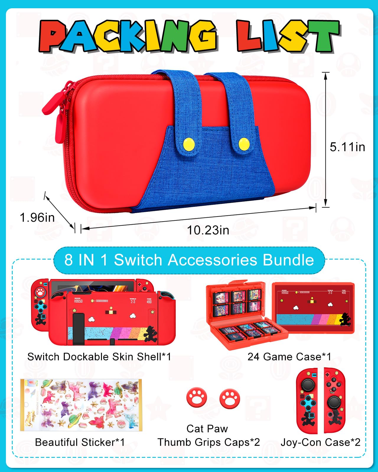 Gurgitat 8in1 Maro Switch Case for Nintendo Switch Carrying Cases & Storage Accessories Bundle Kit, Thumb Grips Button Caps+Game Card Holder+Dockable Cover Skin+Sticker for Switch Travel Pouch Bag