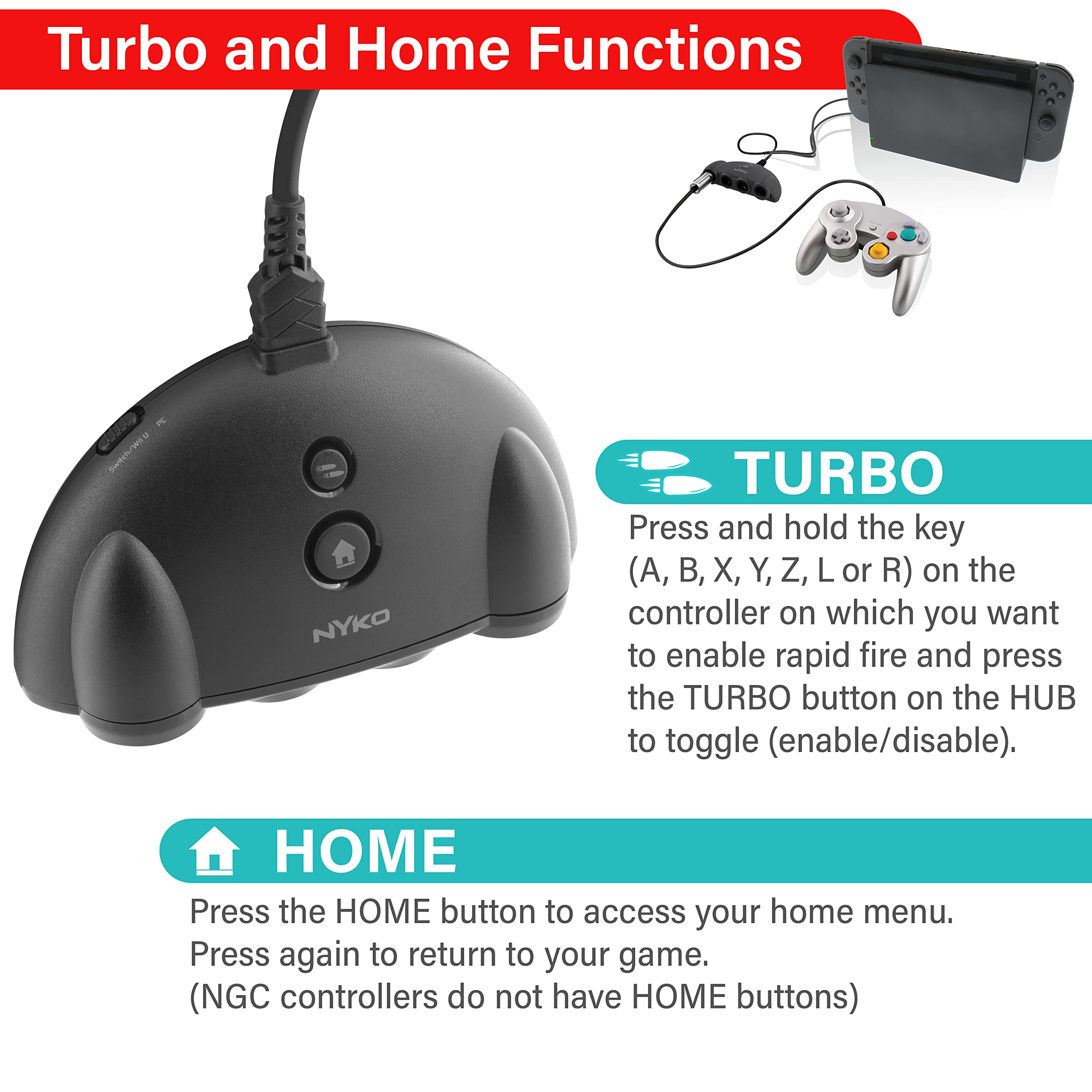 Nyko Retro Controller Hub Plus - Gamecube Controller Adapter for Nintendo Switch, Connect up to 4 Controllers with Turbo and Home Button, Compatible with Super Smash Bros