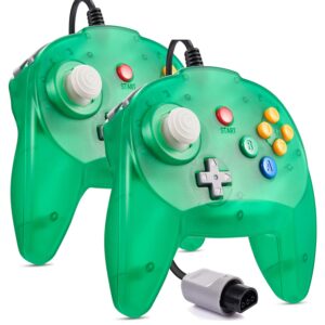 kiwitata 2 pack n64 remote controller, kiwitatá retro n64 wired 64-bit mini gamepad upgraded joystick replacement for n64 console (clear green)