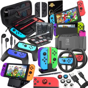 deruitu switch accessories bundle compatible with nintendo switch, kit with carrying case, screen protector, compact playstand, game case, joystick cap, charging dock,steering wheel, (18 in 1)