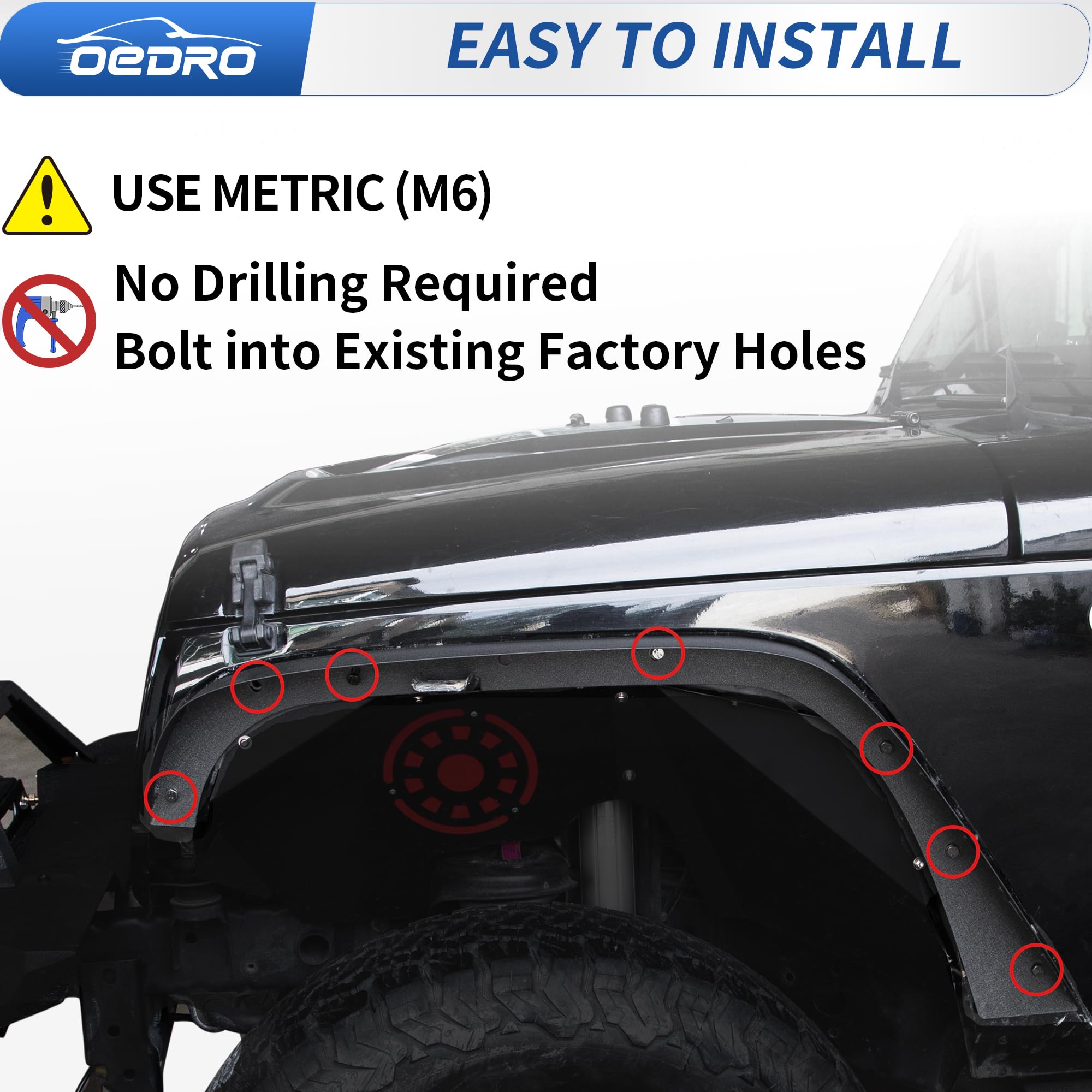 OEDRO Flat Front & Rear Fender Flares Compatible with 2007-2018 Jeep Wrangler JK & JKU Unlimited, 4 PCS Off-Road Steel Liner Set