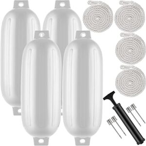 voyocht 8.5 x 27 inches twin eyes ribbed boat fenders 4 pack boat fenders bumpers with lines and pump to inflate for docking (white)