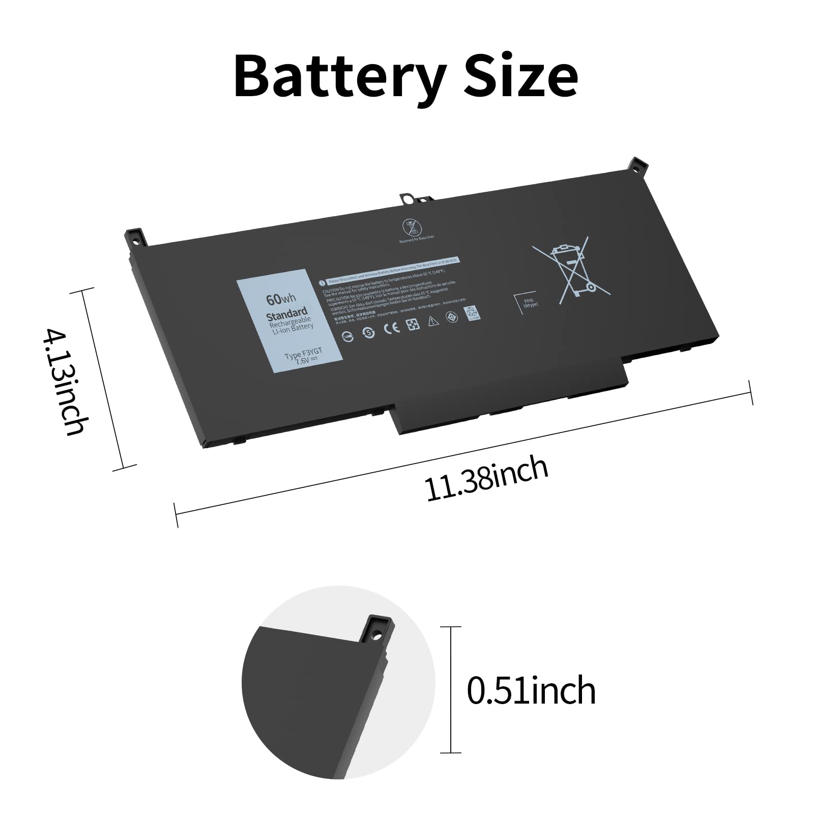 POWERWOO F3YGT Replacement Battery for Dell Latitude 7480 7490 7280 7290 7380 7390 P29S002/14 P28S001 P73G P73G002 Series 453-BBCF 451-BBYE KG7VF DM3WC DM6WC V4940 2X39G - high Performance 60Wh 7.6V