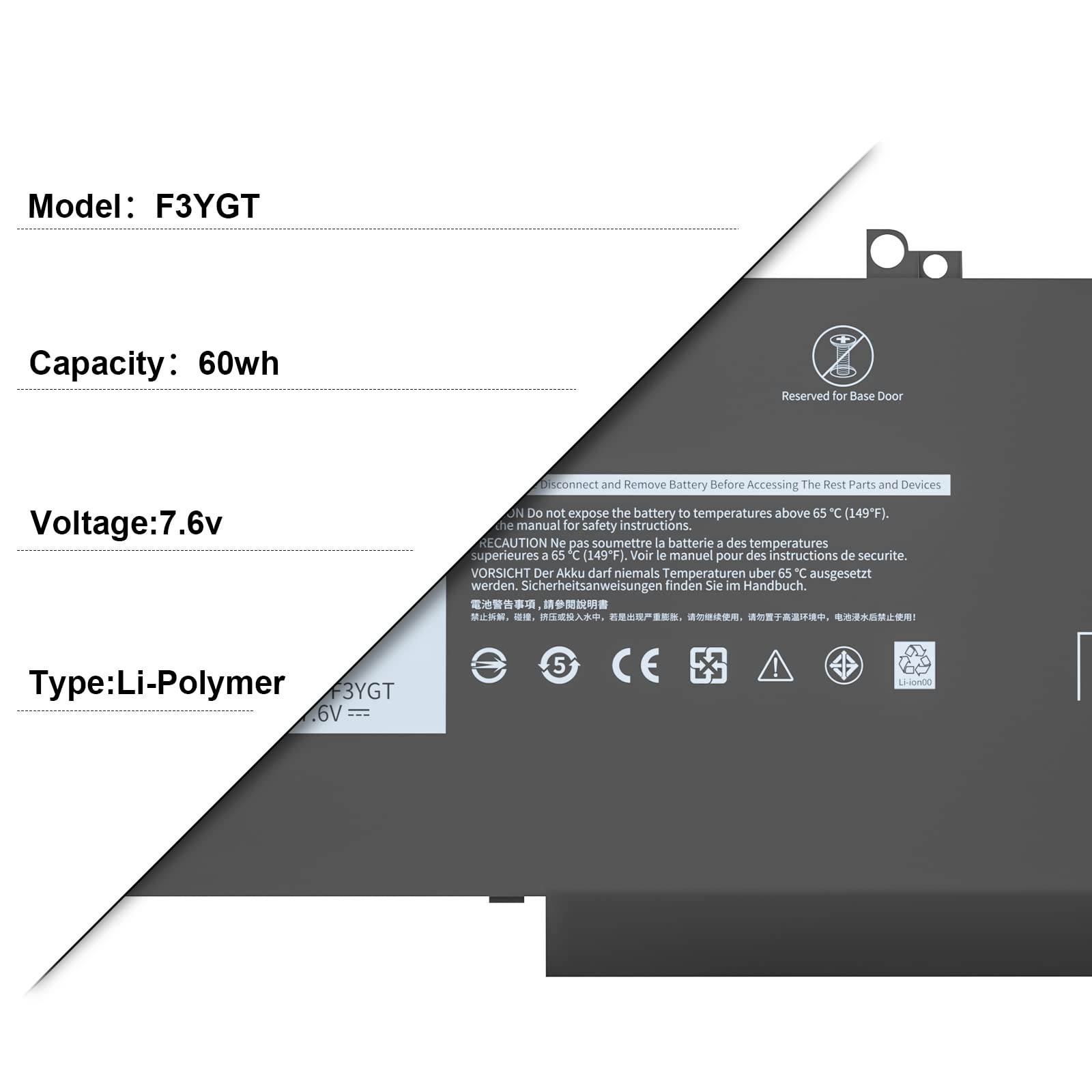 POWERWOO F3YGT Replacement Battery for Dell Latitude 7480 7490 7280 7290 7380 7390 P29S002/14 P28S001 P73G P73G002 Series 453-BBCF 451-BBYE KG7VF DM3WC DM6WC V4940 2X39G - high Performance 60Wh 7.6V