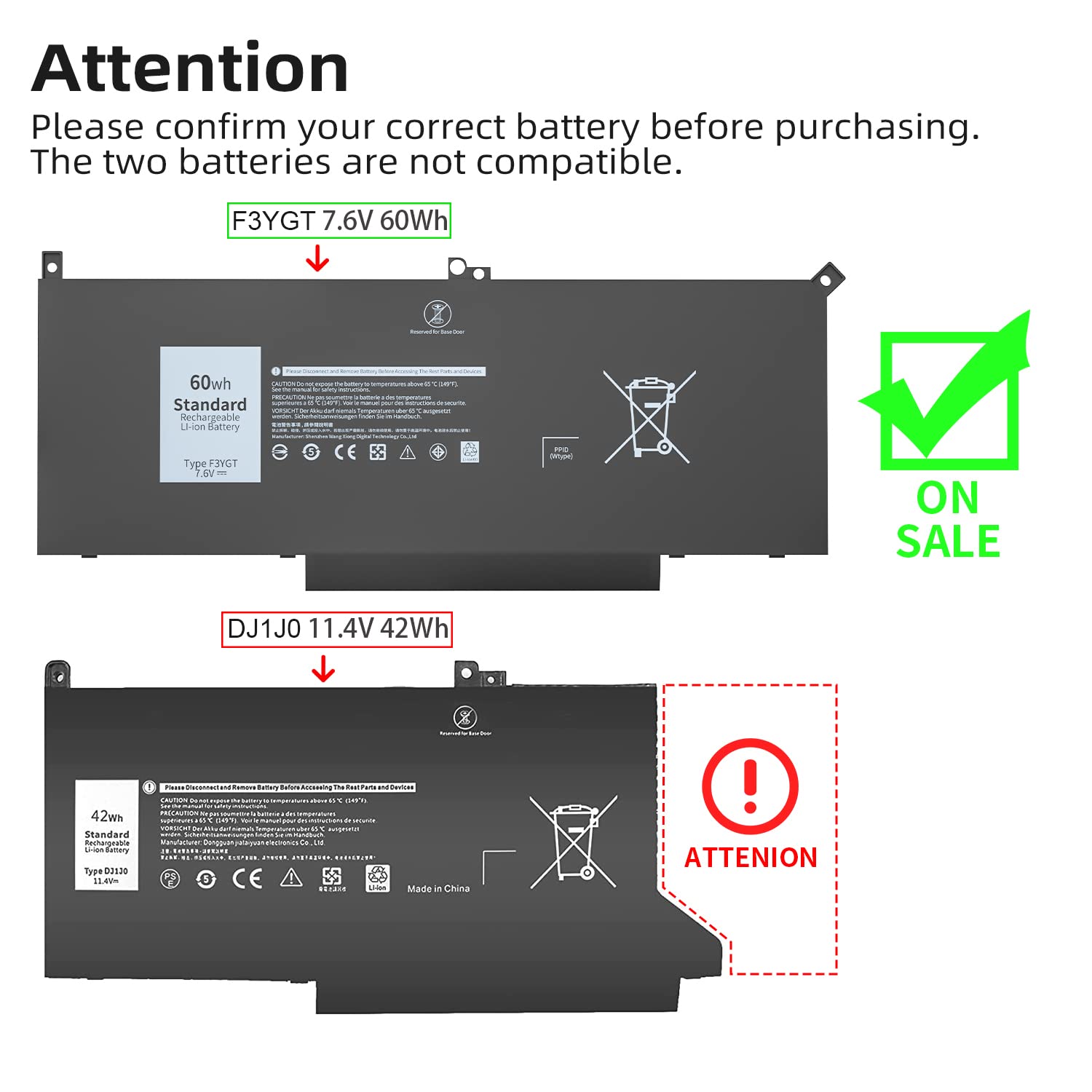 POWERWOO F3YGT Replacement Battery for Dell Latitude 7480 7490 7280 7290 7380 7390 P29S002/14 P28S001 P73G P73G002 Series 453-BBCF 451-BBYE KG7VF DM3WC DM6WC V4940 2X39G - high Performance 60Wh 7.6V