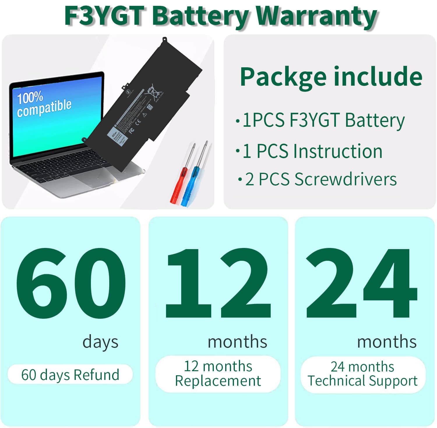 F3YGT 7480 DM3WC Battery for Dell Latitude 7480 7390 7280 7290 7380 7490 E7280 E7480 E7490 12 7000 13 7000 14 7000 Series P73G P73G002 P29S002 ODM3WC DM6WC 2X39G KG7VF 451-BBYE 453-BBCF f3ygt 60WH