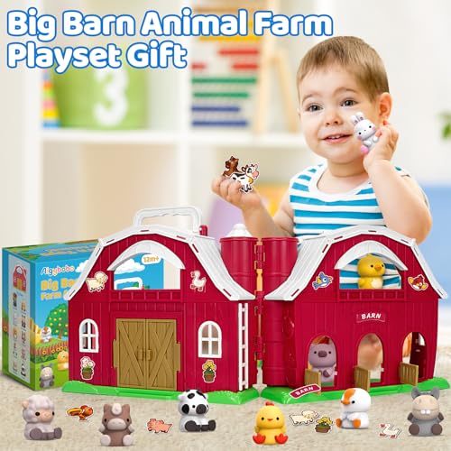 Aigybobo Farm Animals Big Barn Toys for 1 2 3 Year Old, Toddler Montessori Learning Toy, Farm Playset with Animal Figures and DIY Stickers, Christmas Birthday Gift for Baby Boys Girls Age 12-18 Months