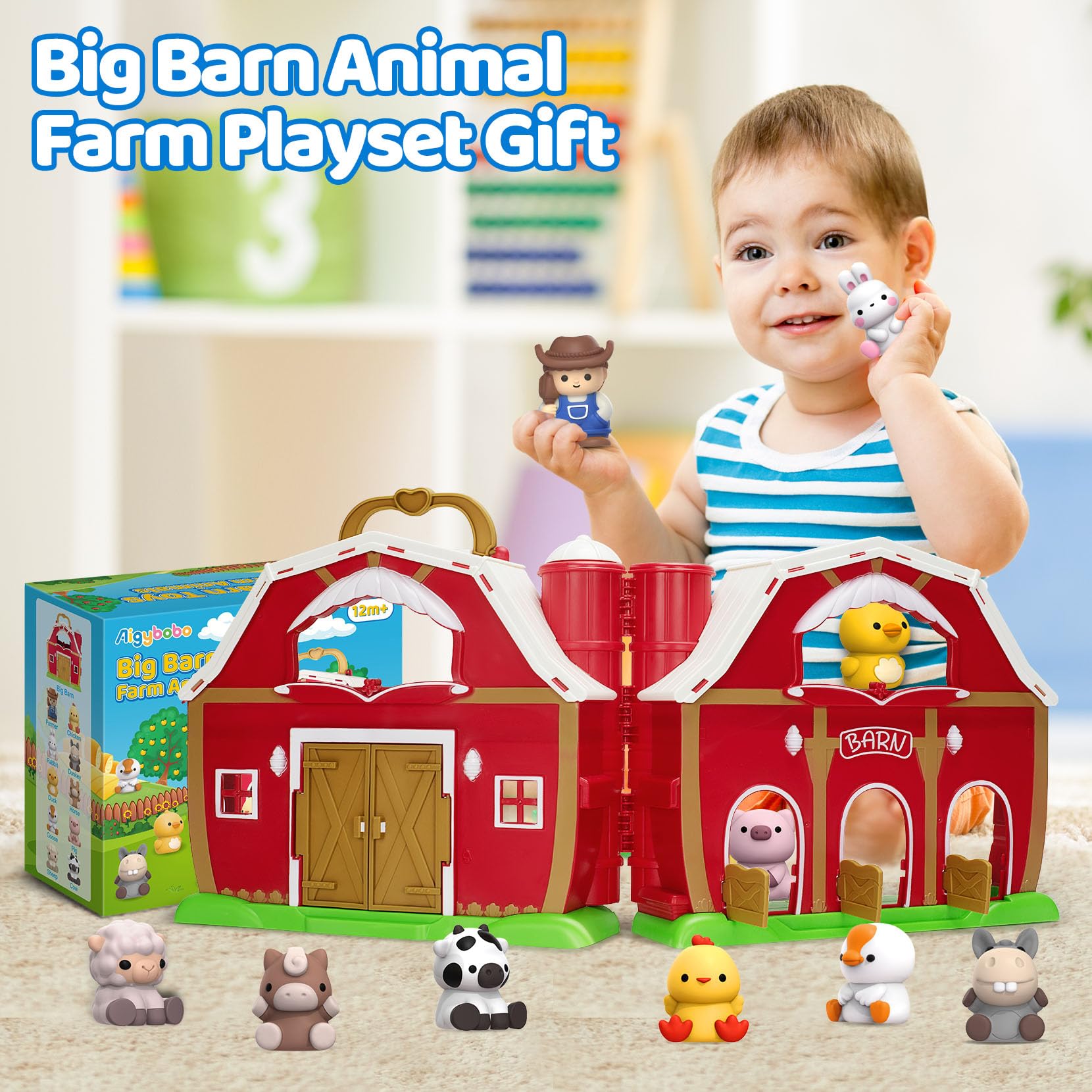 Aigybobo Farm Animals Big Barn Toys for 1 2 3 Year Old, Toddler Montessori Learning Toy, Farm Playset with Animal Figures and DIY Stickers, Christmas Birthday Gift for Baby Boys Girls Age 12-18 Months