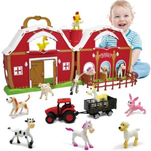 big red barn farm figures animals toys for toddlers, cute farm figurines, fence and farmer vehicle toy truck pretend farm playset for 3+ years old kids girls boys educational learning toys