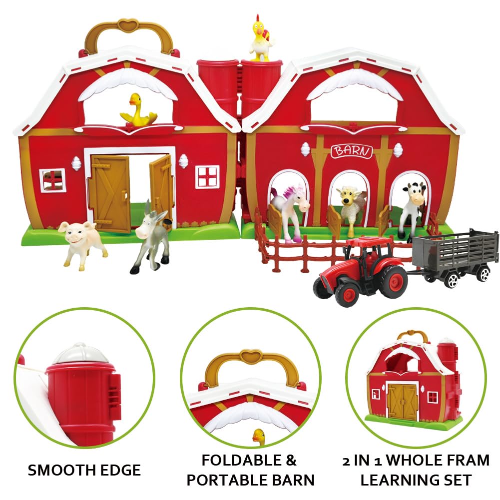 Big Red Barn Farm Figures Animals Toys for Toddlers, Cute Farm Figurines, Fence and Farmer Vehicle Toy Truck Pretend Farm Playset for 3+ Years Old Kids Girls Boys Educational Learning Toys