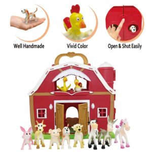 Big Red Barn Farm Figures Animals Toys for Toddlers, Cute Farm Figurines, Fence and Farmer Vehicle Toy Truck Pretend Farm Playset for 3+ Years Old Kids Girls Boys Educational Learning Toys