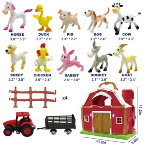 Big Red Barn Farm Figures Animals Toys for Toddlers, Cute Farm Figurines, Fence and Farmer Vehicle Toy Truck Pretend Farm Playset for 3+ Years Old Kids Girls Boys Educational Learning Toys