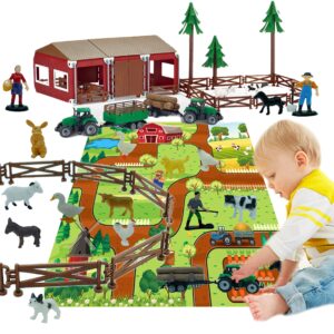 peagprav farm playset mini barn farm toys 119pcs plastic animals figurines and fence with map figures farmer vehicle truck with forestry trailer for 3-12 years old kids boys girls toddlers