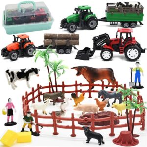 farm animals figures playset, 40 pcs farm toy tractor with plastic farm animals figurines, farmer and fence farm playset, farm figures farmer truck toy with trailer for kids boys girls toddlers 3+