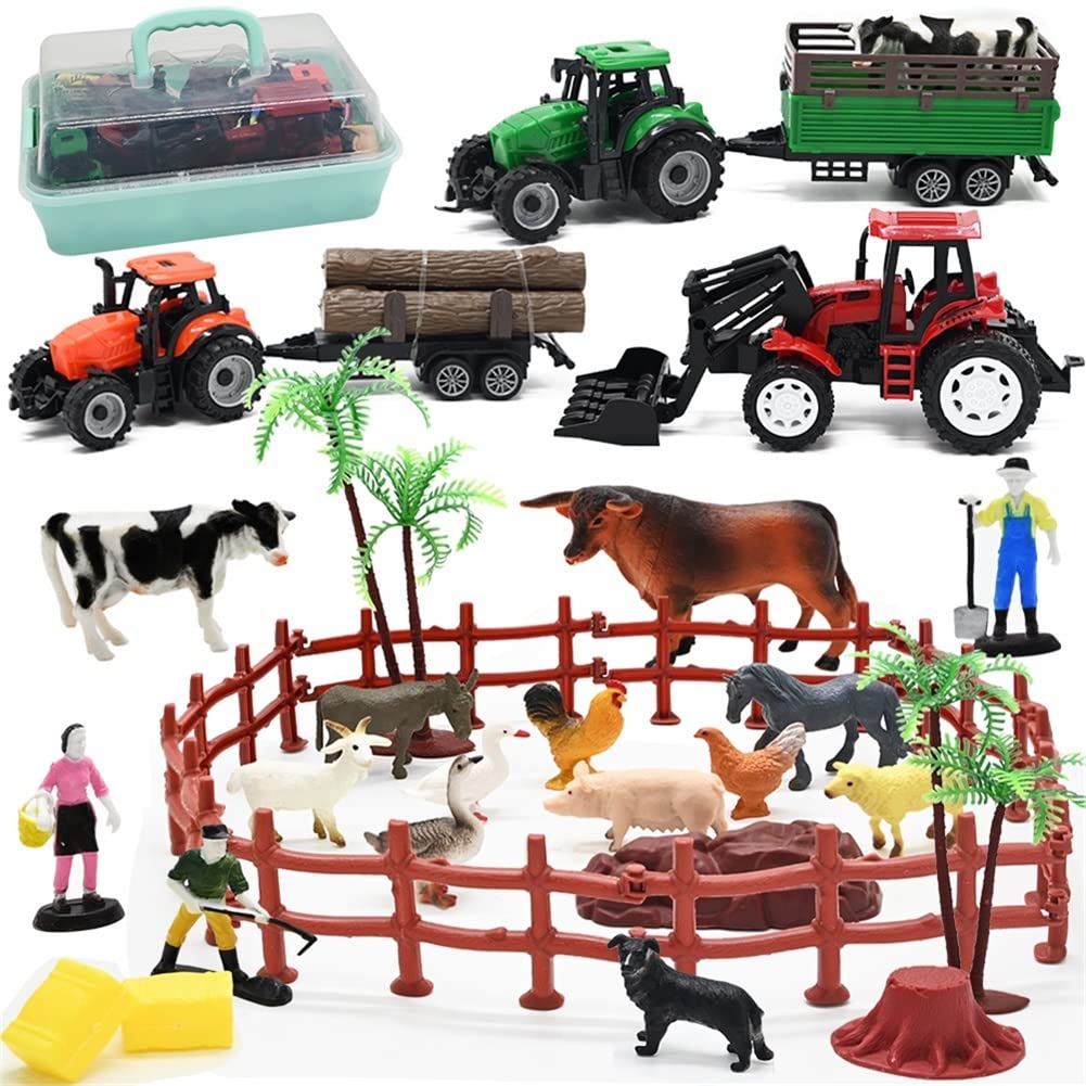 Farm Animals Figures Playset, 40 Pcs Farm Toy Tractor with Plastic Farm Animals Figurines, Farmer and Fence Farm Playset, Farm Figures Farmer Truck Toy with Trailer for Kids Boys Girls Toddlers 3+