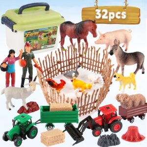 enaurol 32pcs farm playset for toddlers 1-3 plastic animal figures toys double farm tractor toys for kids 3-5 storage box ideal festivals birthday gift