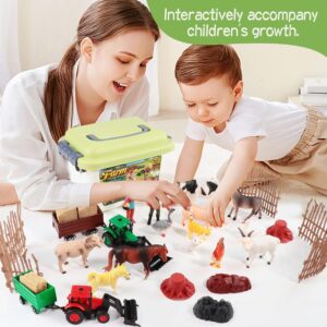 EnAuRoL 32PCS Farm Playset for Toddlers 1-3 Plastic Animal Figures Toys Double Farm Tractor Toys for Kids 3-5 Storage Box Ideal Festivals Birthday Gift