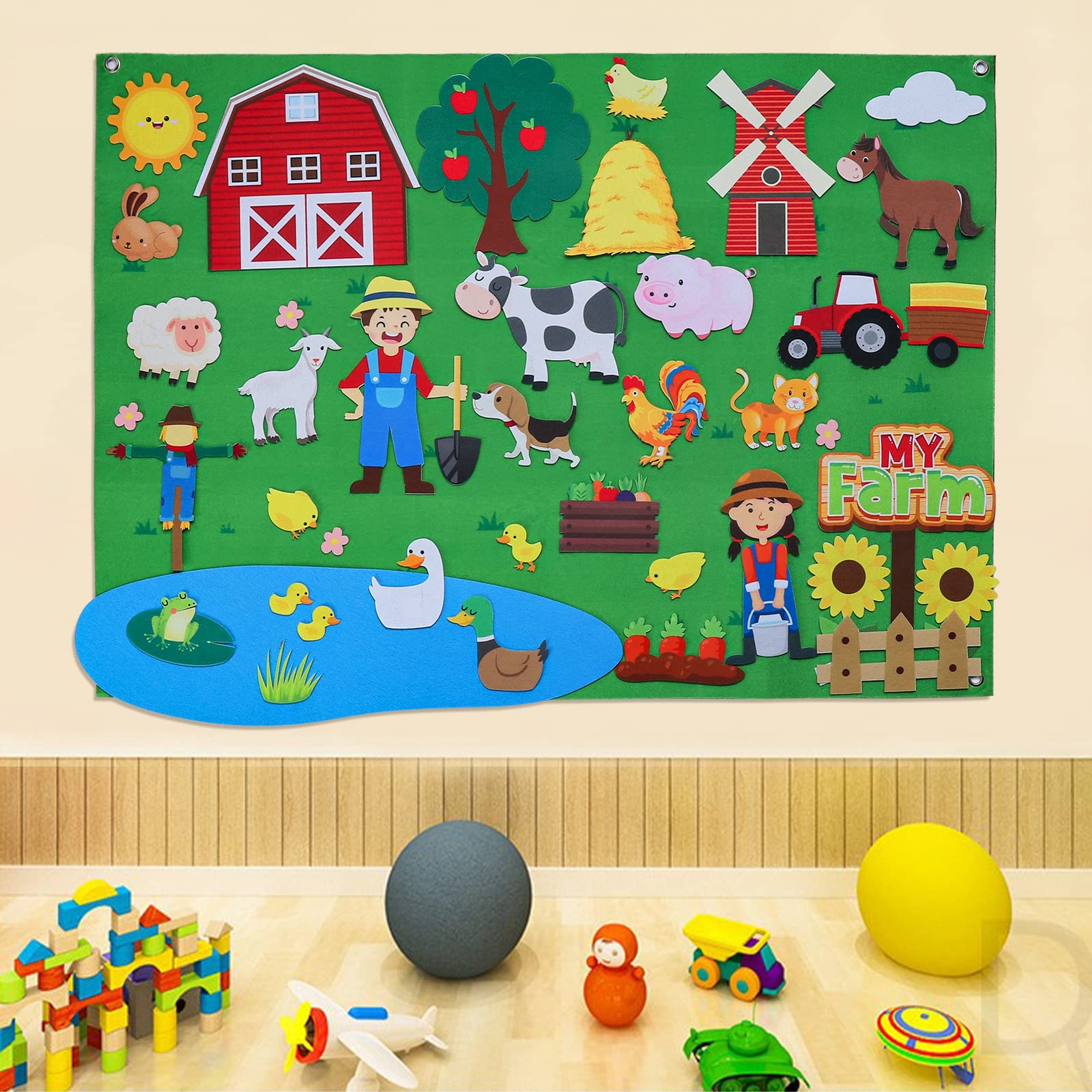 HomeMall 40Pcs Farm Animals Felt Story Board Set, 3.5 Ft Toddlers Preschool Farmhouse Themed Early Learning Storytelling Flannel Board - Barnyard Domestic Livestock Interactive Play Kit for Boys Girls