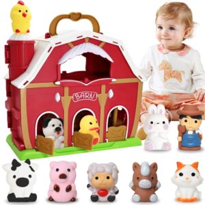 big red barn farm animal toy for 1 2 3 years old toddlers, preschool montessori learning toys, pretend farm playset with animal finger puppets & farmer, christmas birthday gift for boys girls