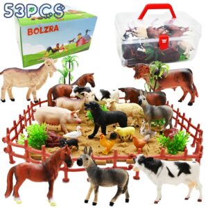 farm animals figurines toys, 53pcs realistic plastic farm playset with fences soil puzzle blocks, farm figures learning educational toys for boys girls, toddlers cupcake topper birthday set