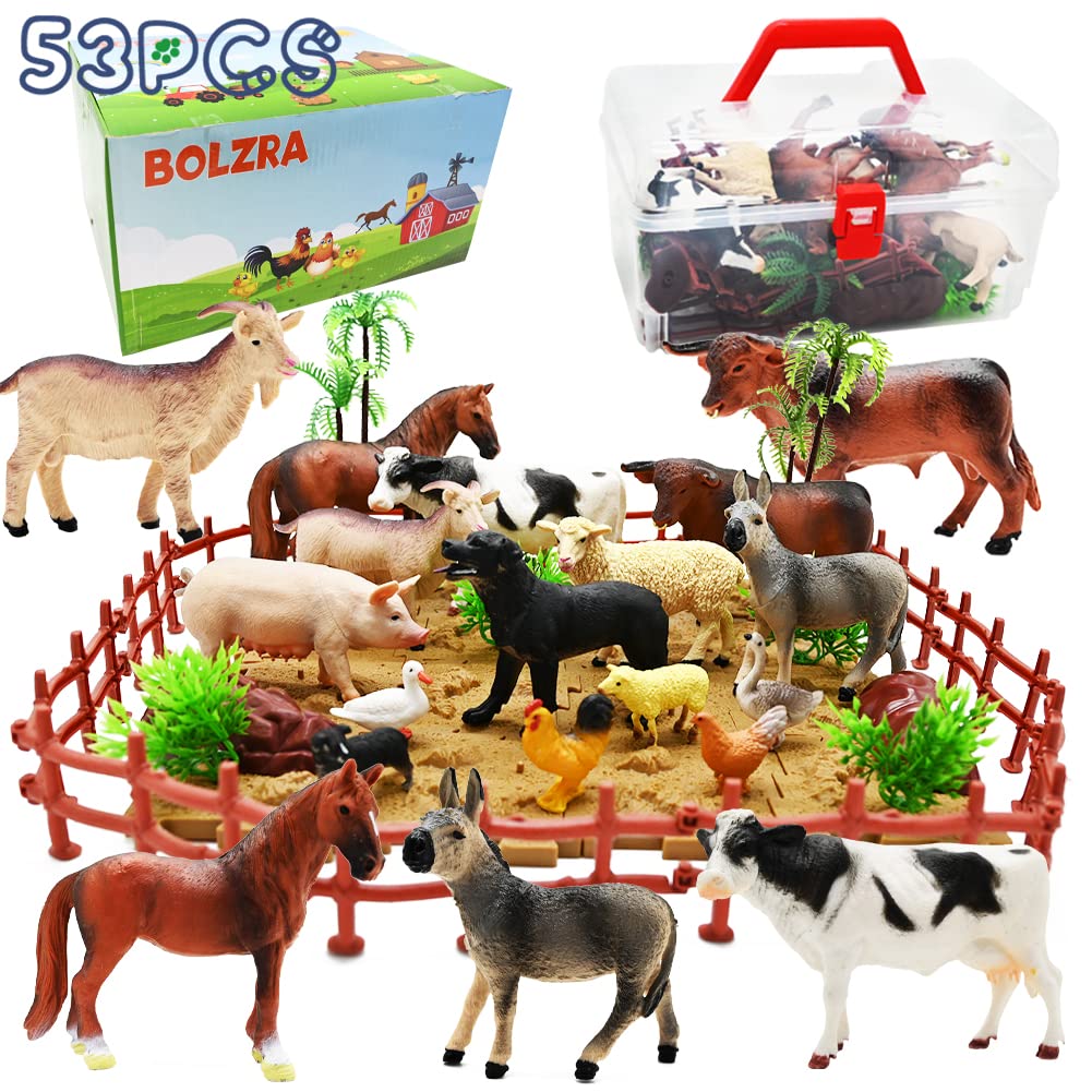 Farm Animals Figurines Toys, 53PCS Realistic Plastic Farm Playset with Fences Soil Puzzle Blocks, Farm Figures Learning Educational Toys for Boys Girls, Toddlers Cupcake Topper Birthday Set