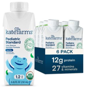 kate farms organic plant based pediatric 1.2 sole-source nutrition shake, vanilla, 12g protein, 27 vitamins and minerals, high calorie meal replacement, gluten free, 8.45 oz (6 pack)