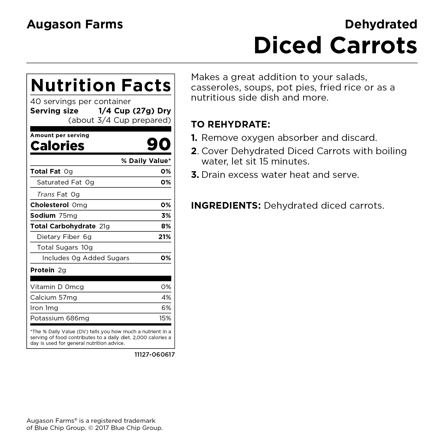 Augason Farms Dehydrated Diced Carrots,net weight 2 lbs 6 ounce.