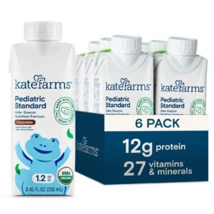 kate farms organic plant based pediatric 1.2 sole-source nutrition shake,chocolate, 12g protein, 27 vitamins and minerals, high calorie meal replacement drink, protein shake, gluten free, 8.45 oz (6 pack)