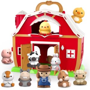 aurotops toys for 1 2 3 years old boys and girls, big barn toy with farm animal, preschool montessori toy, farm pretend playset with big red barn & farmer, easter gift toy for toddlers