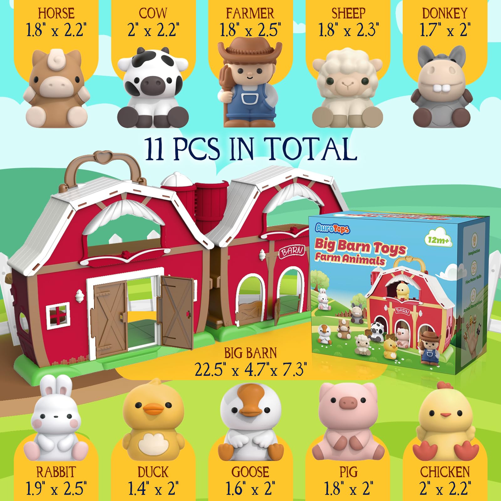 AuroTops Toys for 1 2 3 Years Old Boys and Girls, Big Barn Toy with Farm Animal, Preschool Montessori Toy, Farm Pretend Playset with Big Red Barn & Farmer, Easter Gift Toy for Toddlers