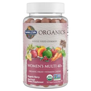 garden of life organics women 40+ gummy vitamins - berry - certified organic, non-gmo, vegan, kosher complete multi - methyl b12, c & d3 - gluten, soy & dairy free, 120 real fruit gummies