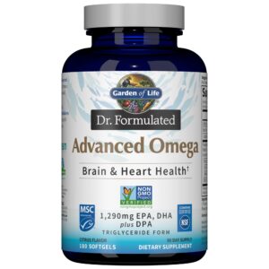 garden of life dr. formulated advanced omega fish oil - lemon, 1,290mg epa, dha + dpa in triglyceride form, single source omega 3 supplement for ultimate brain & heart health, non-gmo, 180 softgels