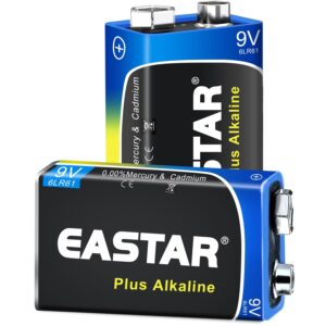 eastar bts 9v batteries - alkaline 9 volt batteries (2 pack) for smoke detectors, long-lasting power for low drain devices, 10 year shelf life, all-purpose square batteries 6lr61 for household office