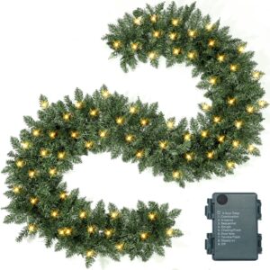 enven 9ft prelit christmas garland artificial pe mixed pine garland decoration 50 led battery operated warm lights and timer xmas garlands decor walls stairs fireplaces indoor outdoor (gl001)