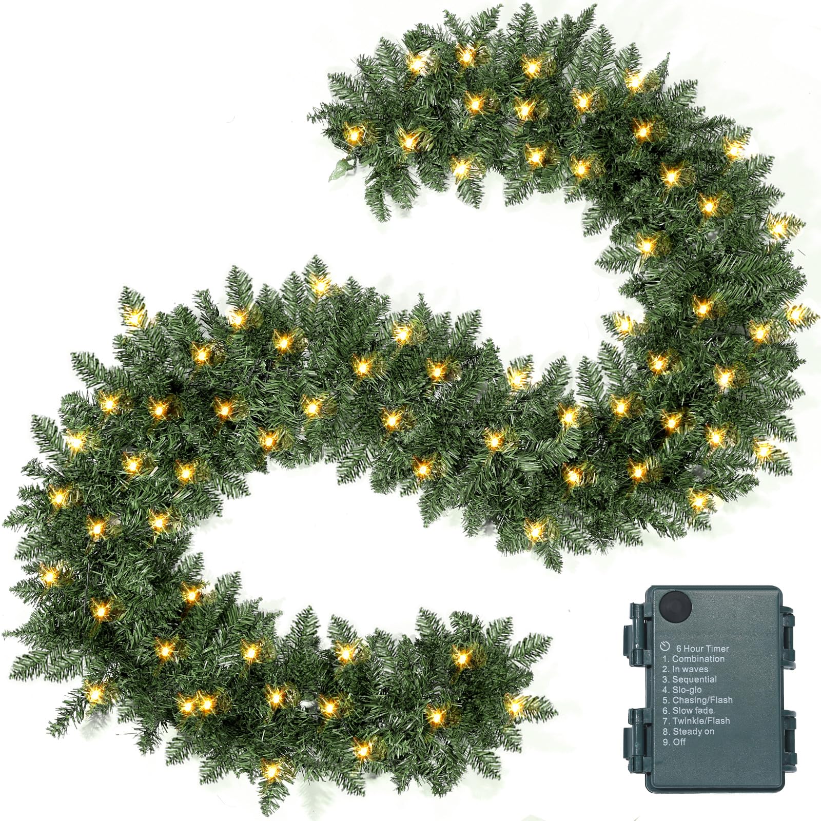 ENVEN 9FT Prelit Christmas Garland Artificial PE Mixed Pine Garland Decoration 50 LED Battery Operated Warm Lights and Timer Xmas Garlands Decor Walls Stairs Fireplaces Indoor Outdoor (GL001)